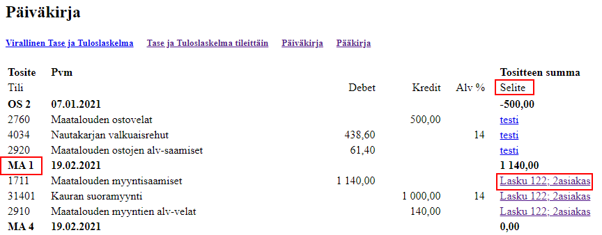 13.1.1 Tase, Tuloslaskelma, Pääkirja ja Päiväkirja | WebWakka -käyttöohje